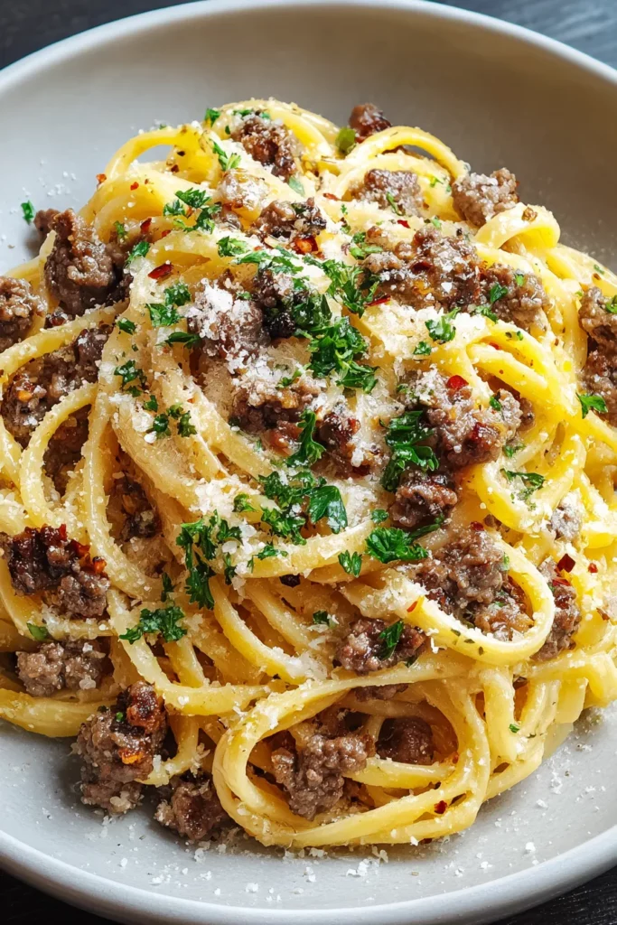 Cheesy Garlic Butter Linguine Pasta with Savory Ground Beef ...